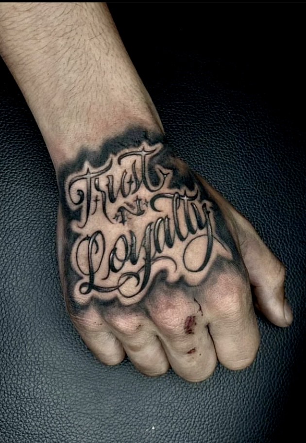 Trust & Loyalty Blackwork Lettering Tattoo By Vivi - Iron Palm Tattoos ...