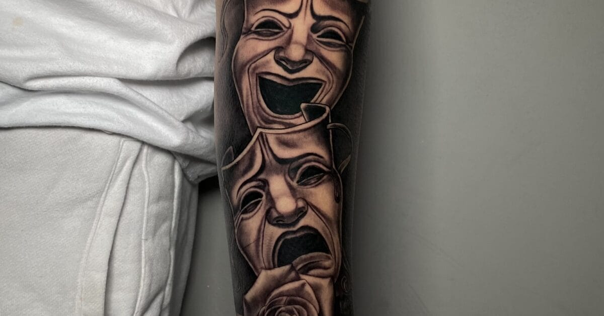 Drama & Tragedy Theatre Mask Blackwork Illustrative Sleeve Tattoo By ...